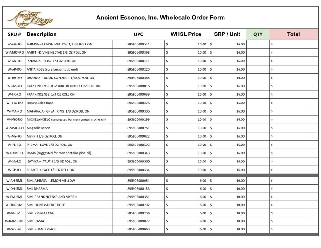 Wholesale Ordering Form - Ancient Essence
